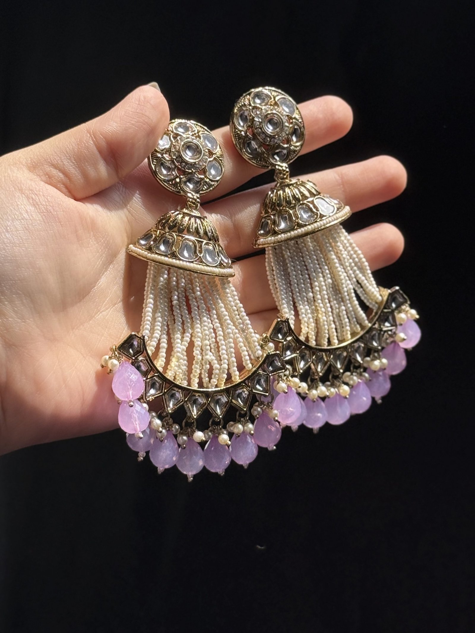 Lilac Jaipuri Layered Jhumkas - Jewelist
